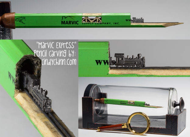 Train Pencil Carving by Artist Cindy Chinn