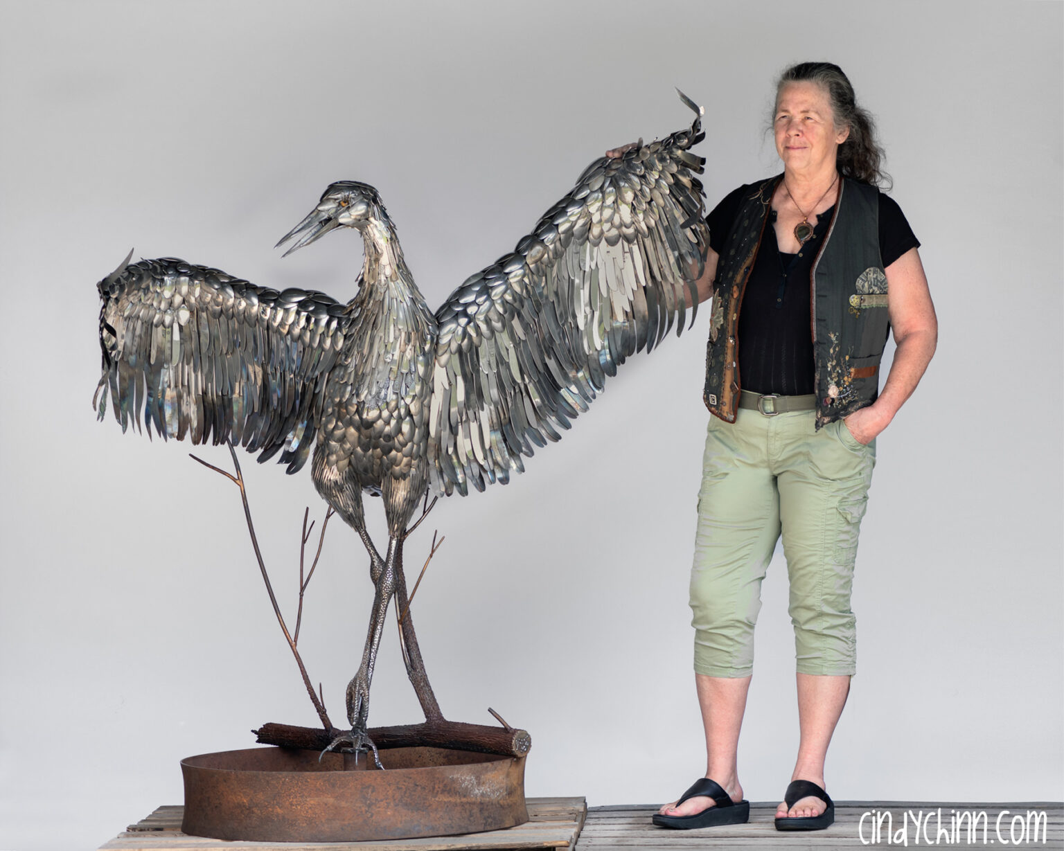 Sandhill Crane Metal Sculpture from Cutlery | Artist Cindy Chinn