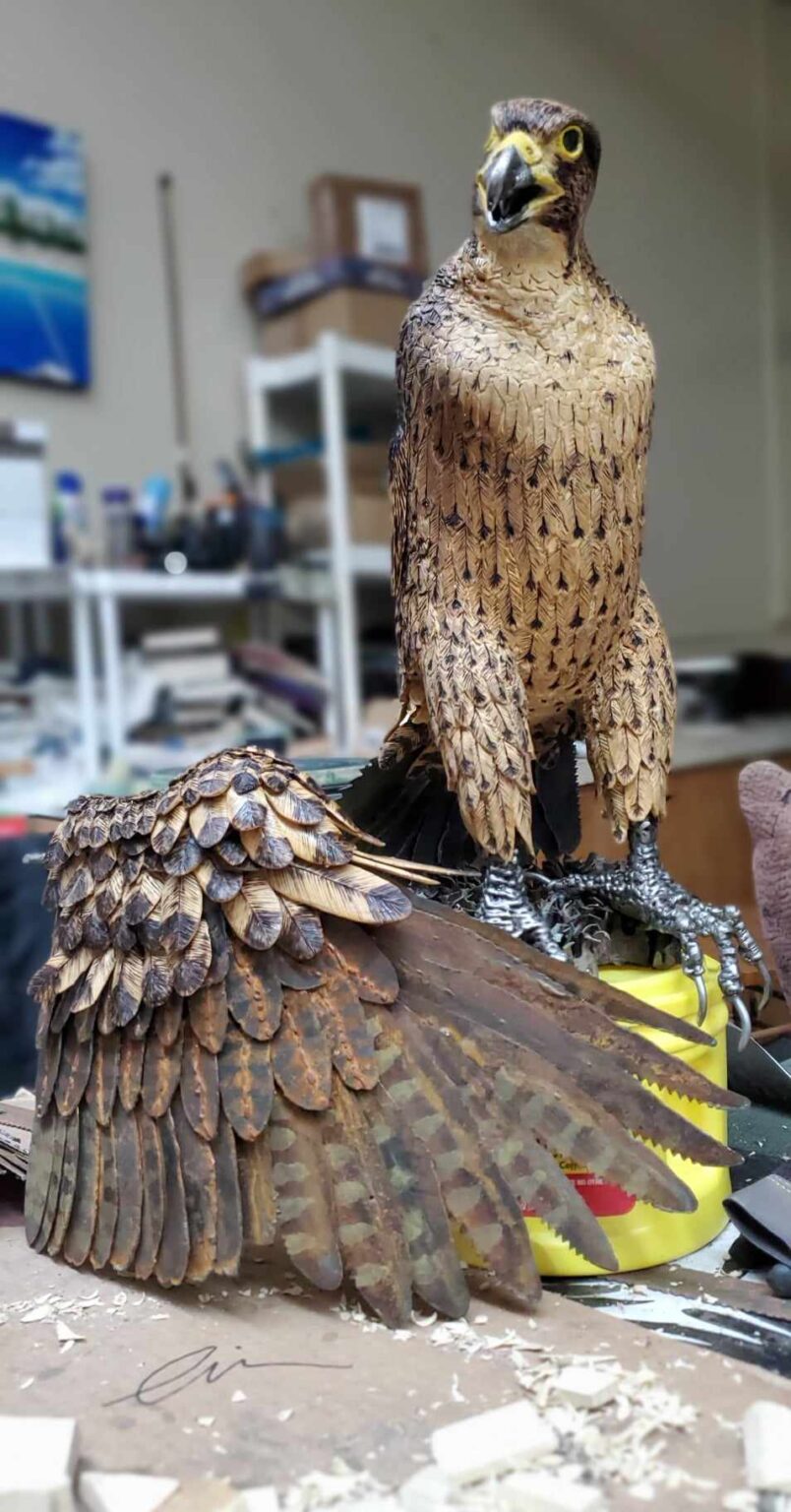 Falcon Art Sculpture made from scrap metal and wood by Cindy Chinn