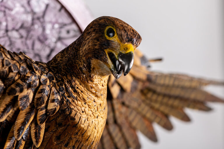 Falcon Art Sculpture made from scrap metal and wood by Cindy Chinn