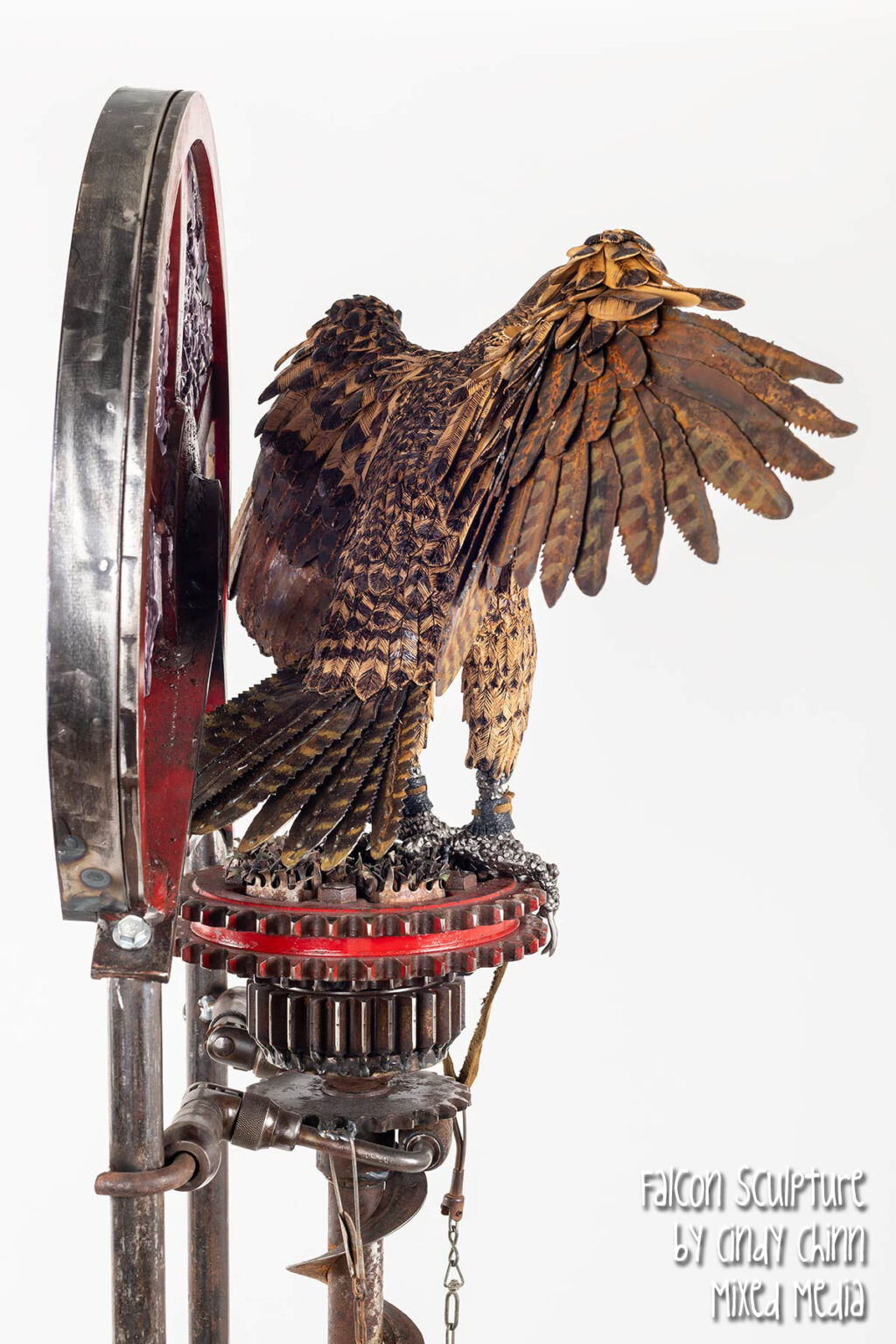 Falcon Art Sculpture made from scrap metal and wood by Cindy Chinn