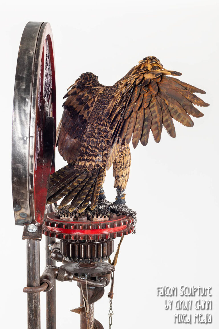 Falcon Art Sculpture made from scrap metal and wood by Cindy Chinn