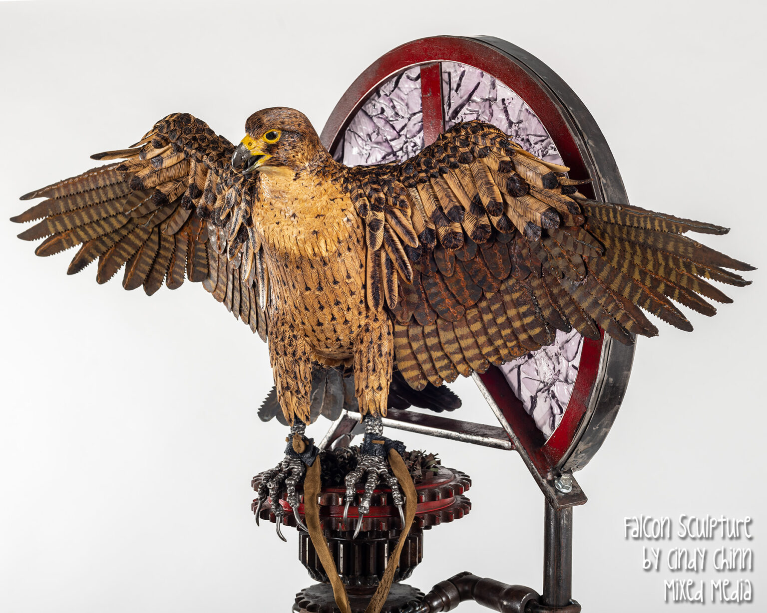 Falcon Art Sculpture made from scrap metal and wood by Cindy Chinn
